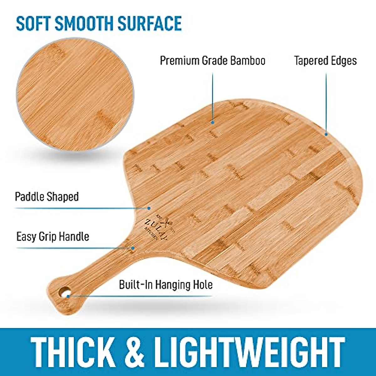 Zulay (Large 15") Authentic Bamboo Pizza Peel Wood - Natural Bamboo Pizza Paddle With Easy Glide Edges & Handle For Baking - Large Wood Pizza Peel For Transferring & Serving