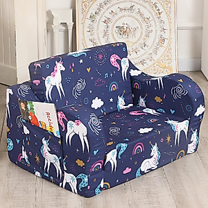 MOMCAYWEX Rainbow Unicorn Kids Sofa, 2-in-1 Kids Couch Fold Out, Convertible Sofa to Bed for Girls and Boys