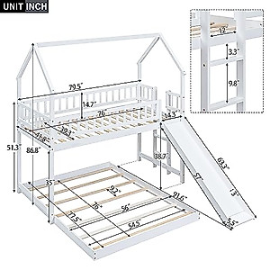 Twin Over Full Size House Bunk Bed, Wood Bunk Bed Frame with Slide, Built-in Ladder and Fence Guardrails, Playhouse Bed Slide Bed for Kids Adults, Bedroom Furniture Bunk Bed House Bed (White Bed)