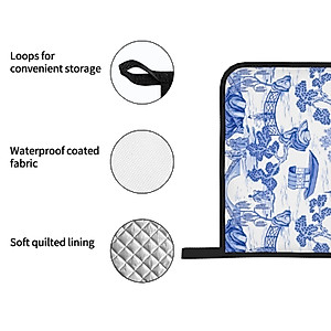 Blue Chinoiserie Pagoda White Oven Mitts and Pot Holders Set of 4, Oven Mittens and Potholders Heat Resistant Gloves for Kitchen Cooking Baking Grilling BBQ