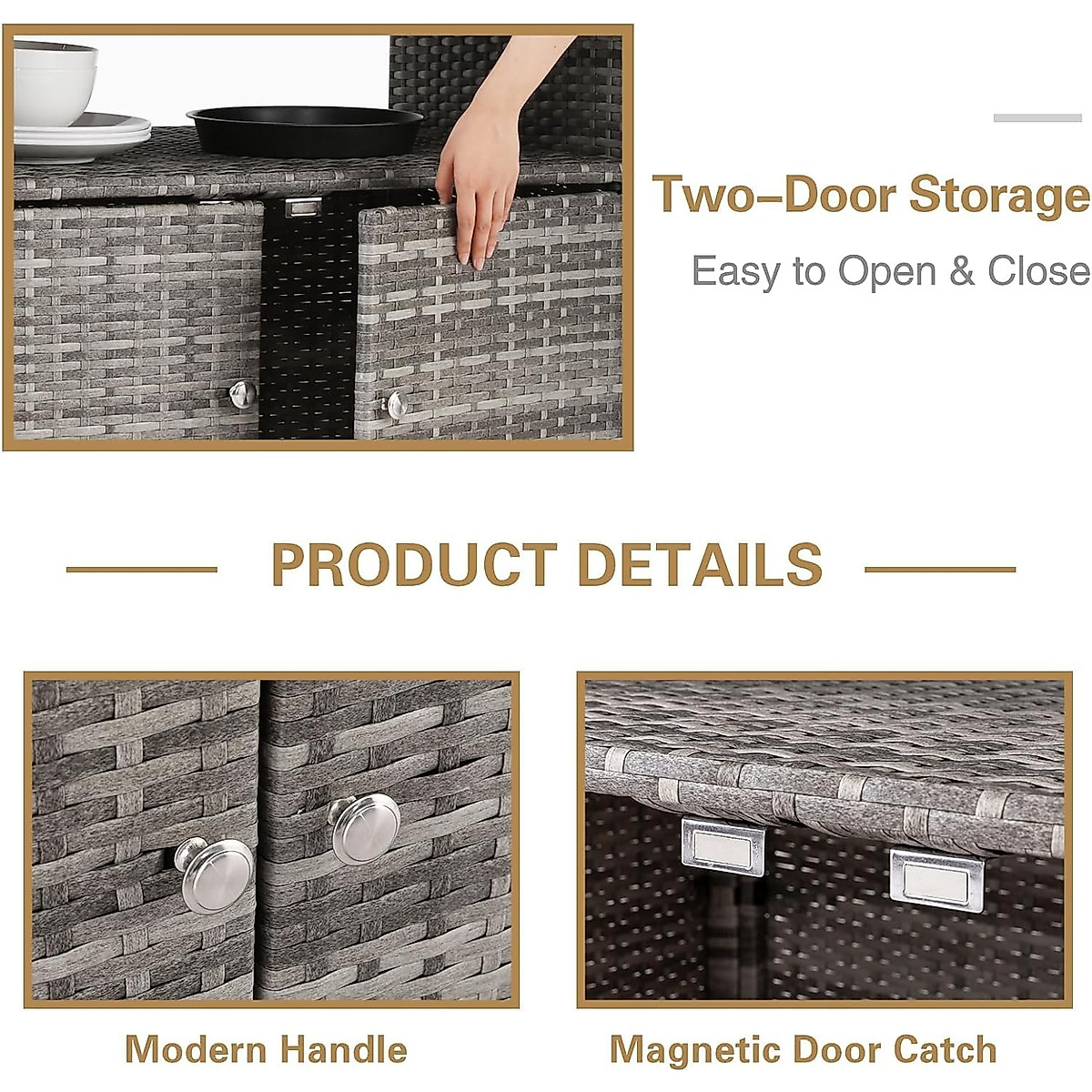 INTOBOO Outdoor Storage Cabinet, Wicker Rattan Storage Cabinet with 2 Doors, Shelves & Polystyrene Top, Durable and Versatile Storage for Patio, Pool, Garden, Indoor, Kitchen, Grey