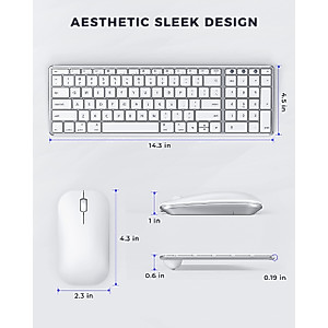 Wireless Bluetooth Keyboard and Mouse Compatible for Mac, seenda Stainless Steel Multi-Device Keyboard and Mouse Rechargeable with Number Pad, Compatible for Mac, iPad, iOS, Silver