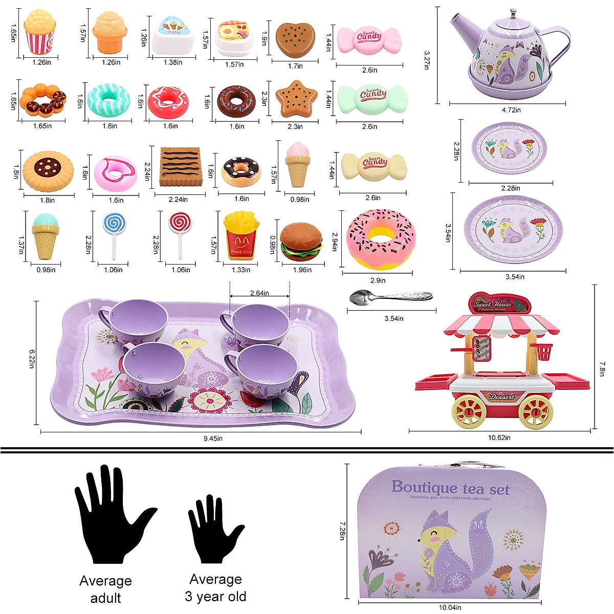 44PCS Tea Set for Little Girls, Kids Pretend Toys Playset, Teapot Dishes Dessert Mini Ice Cream Cart & Carrying Case, Princess Tea Time Kitchen Pretend Play Toys Gift for Toddlers Girls Age 3-8