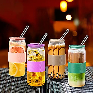 Vozoka 20oz Beer Can-Shaped Cup with Silicone Lids and Sleeve, Iced Coffee Cup Reusable, Glass Tumbler, Drinking Glass, Smoothie Cups, Tea Cup (Sky Blue)
