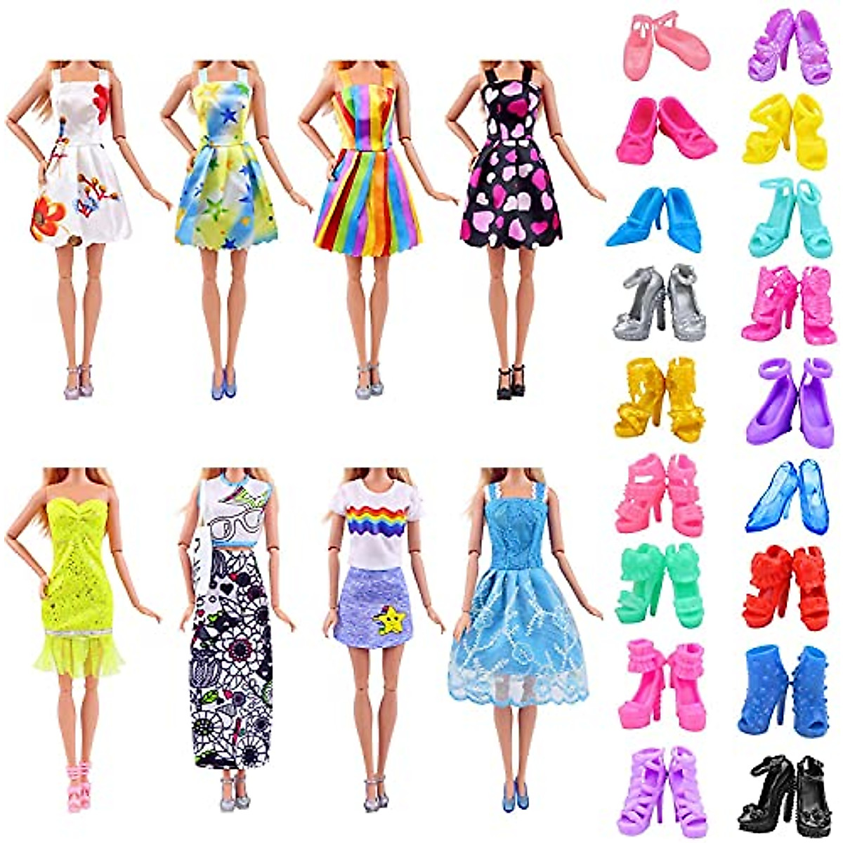 Ecore Fun 41 Pcs Doll Clothes and Accessories, 5 Wedding Gowns 5 Fashion Skirts 5 Mini Dresses 3 Fashion Clothes 3 Bikini Swimsuits 10 Hangers 10 Shoes Perfect for 11.5 Inch Dolls