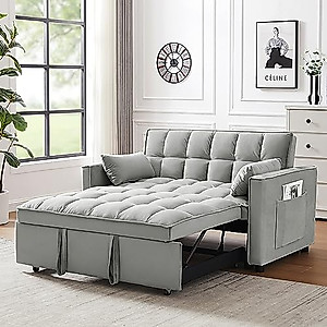 Velvet Pull Out Sleeper Sofa Bed, Convertible Futon Couch Bed with Adjustable Backrests, 3 in 1 Modern Loveseat with 2 Pockets and Pillows, Small Love Seat for Living Room, Guest Room, Teal Grey