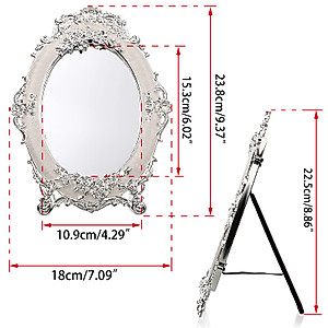 JUXYES Small Tabletop Dressing Mirror Vintage Metal Desktop Mirror with Stand, Antique Embossed Roses Countertop Makeup Mirror Retro Oval Cosmetic Decorative Mirrors for Table Centerpieces