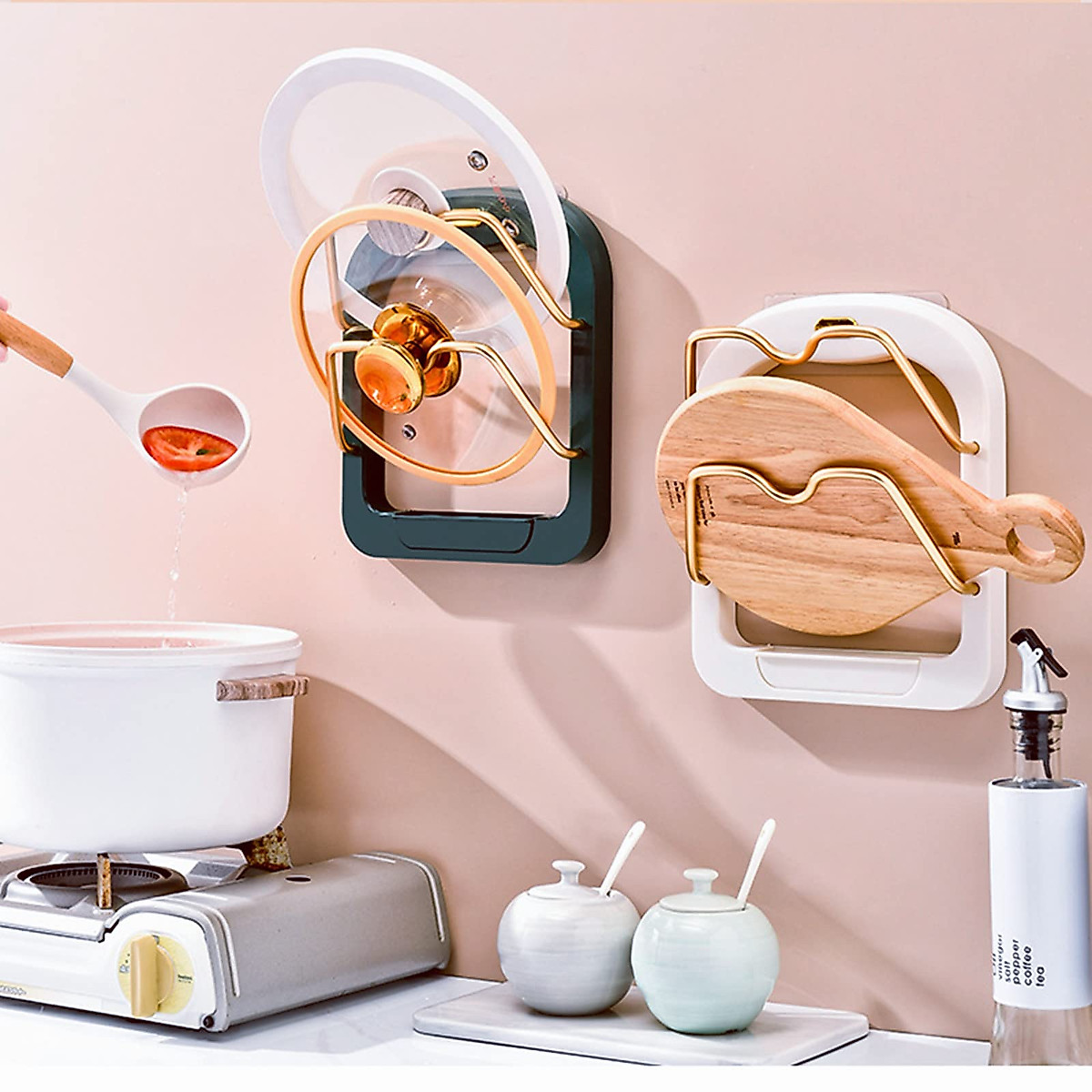 Pot Cover Frame, Wall Mounted, Hole Free, Multi-Functional Household Kitchen Storage Rack, Light Extravagant Pot Cover Frame (White)