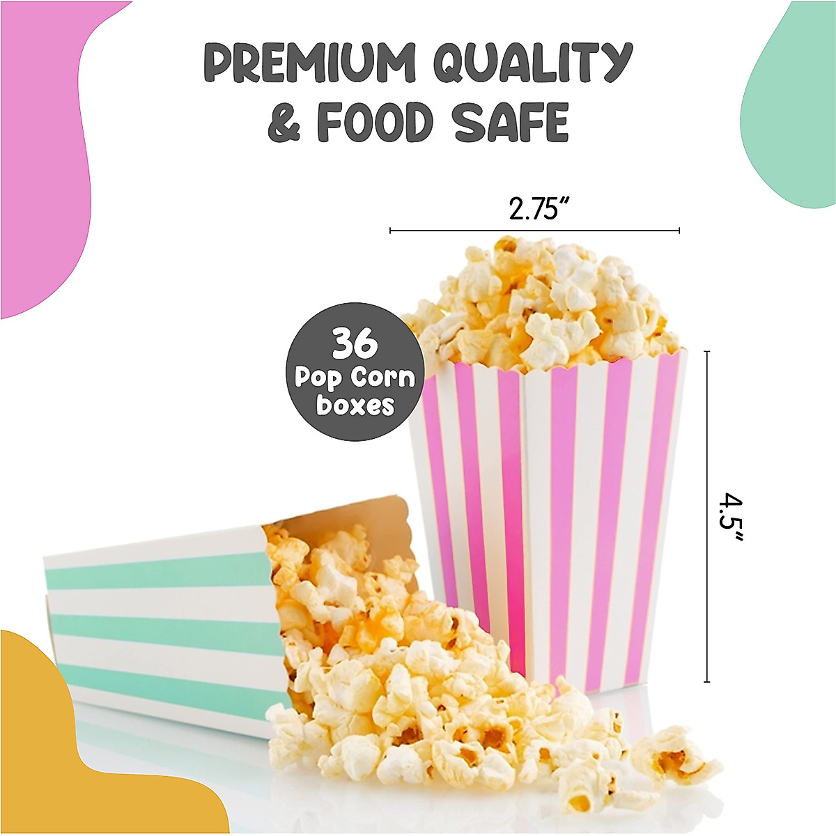 Chloe Elizabeth Mini Popcorn & Candy Favor Treat Boxes For Birthday, Bridal and Baby Shower - Assorted Striped Design - 36 Count (Rainbow Pastel Mix)