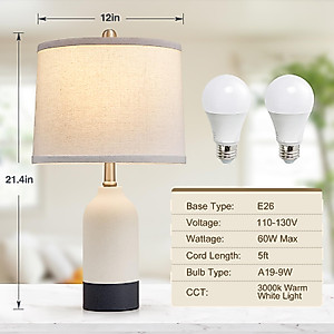 Luvkczc Modern Ceramic Lamps for Bedrooms Set of 2, 3-Color Temperature Table Lamp Bedside Nightstand Desk Reading Lamp with Fabric Drum Shade for Bedroom, Living Room, 2 Bulbs Included (21.4")