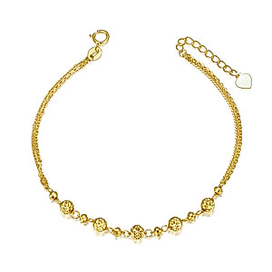 18K Yellow Gold Ball Bracelet Jewelry Gift for Women, Dainty Real Gold Italian Double Chain Bracelets Fine Jewelry Gift for Her, Wife, Girlfriend 6.5"+1"