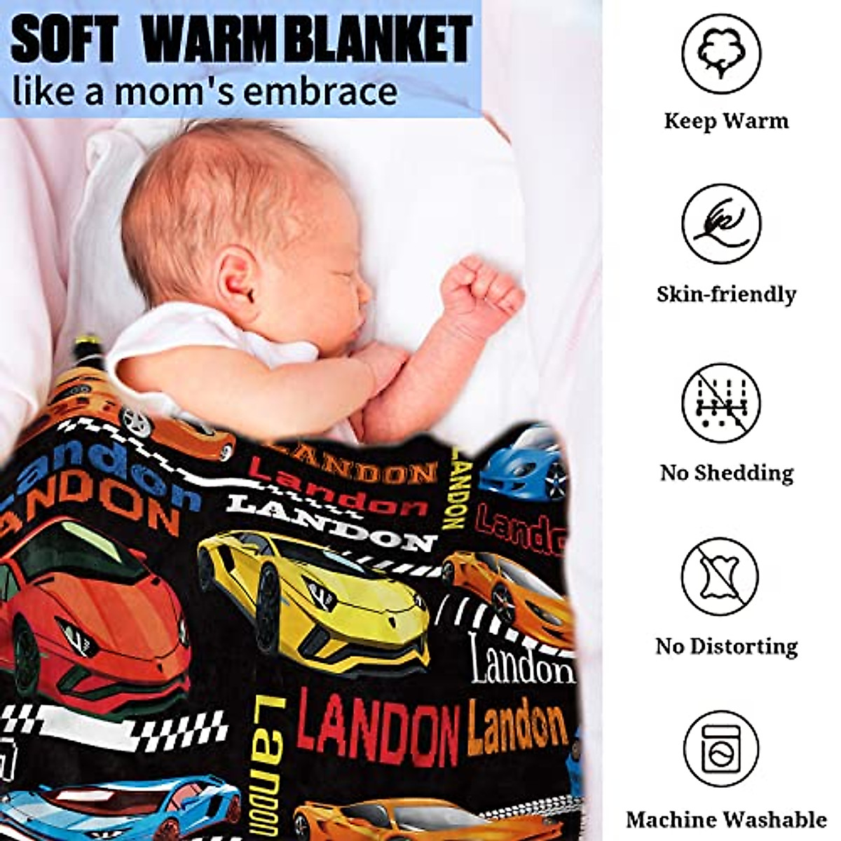 Personalized Race Car Blanket with Name for Boys Kids Custom Crazy Red Blue Racing Sportcar Throw Blankets Customized Speed Racer Warm Soft Flannel Fleece Sofa Blanket Gifts Decor, 40"x50"