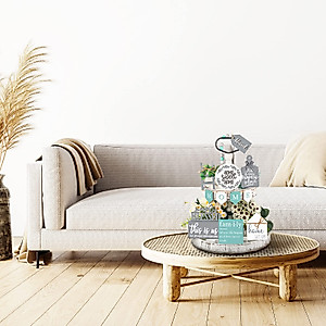 FairySandy 11 Pcs Farmhouse Tiered Tray Decor Home Wood Sign Rustic Simply Blessed Wooden Beads Tiered Tray Decorations Set for Home Kitchen Table