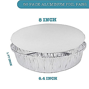 Forsone 50 Pack 8-Inch Round Aluminum Foil Pans With Lids Disposable Aluminum Tin Foil Cake Pans for Storage, Baking, Roasting, Meal Prep, Reheating, Freezer & Oven Safe