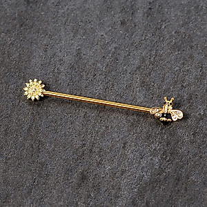 Body Candy Womens 14G PVD Steel Helix Cartilage Earring Clear Accent Bee Sunflower Industrial Barbell 1 1/2"