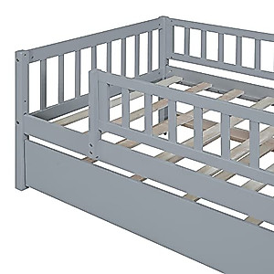 RORIGAT Wooden Daybed, Twin Size Bed Frame with Trundle and Fence Guardrails for Kids Teens Adults, Wood Slat Support, No Box Spring Needed, Easy Assembly,Gray