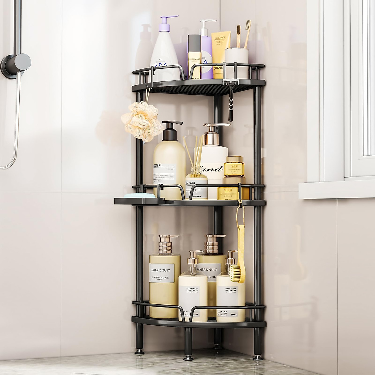 Consumest Corner Shower Caddy Stand - 3 Tier Shower Organizer with Soap Holder, Standing Tall Floor Shower Stand with Adjustable Feet & 4 Hooks, Shower Shelf Rack Storage for Bathroom Black