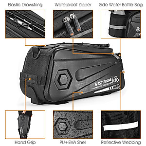 West Biking Bike Rear Seat Bag, Double Water Resistant, Zipper, Bicycle Trunk Pannier, 8.6L Capacity Waterproof Backseat Carrier Cargo Pouch with Strap & Rain Cover For Cycling