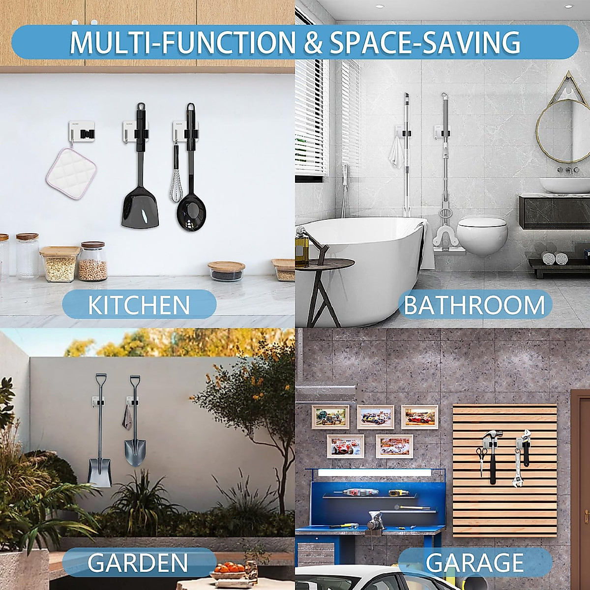 3-H 6 Pack Broom Hanger Wall Mount,Broom Holder Stainless Steel,Broom Holder Wall Mount Self Adhesive,Broom Organizer Storage Tool Racks for Home Kitchen Garden Laundry Garage(Silver)