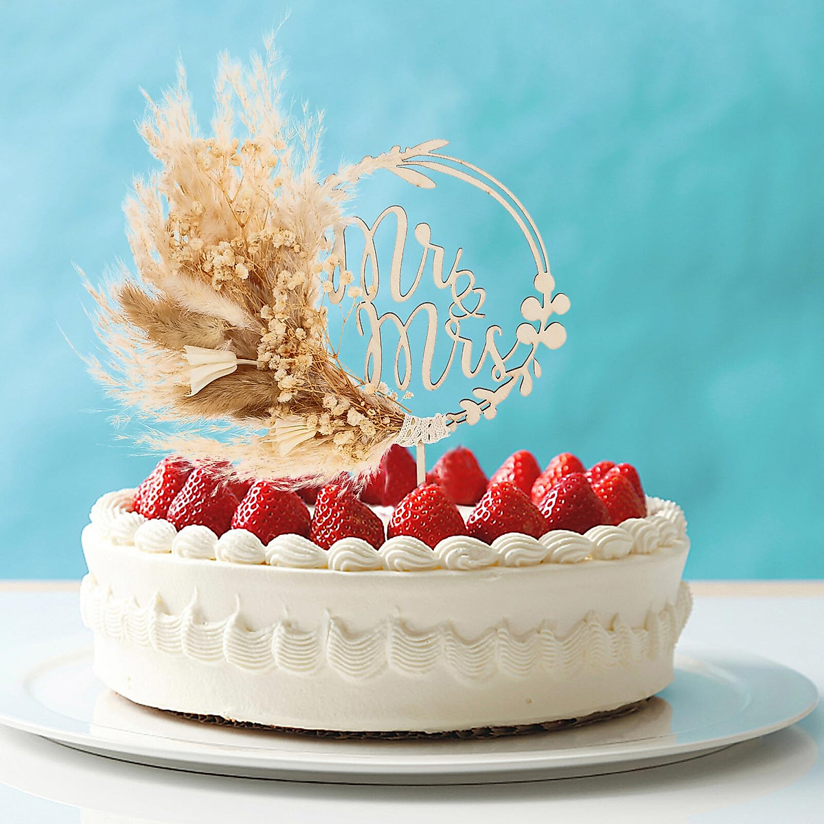 Luxshiny Boho Cake Topper Decorations Pampas Grass Flower Wreath Hoop Cake Topper for Wedding Bridal Baby Shower Birthday Party Supplies