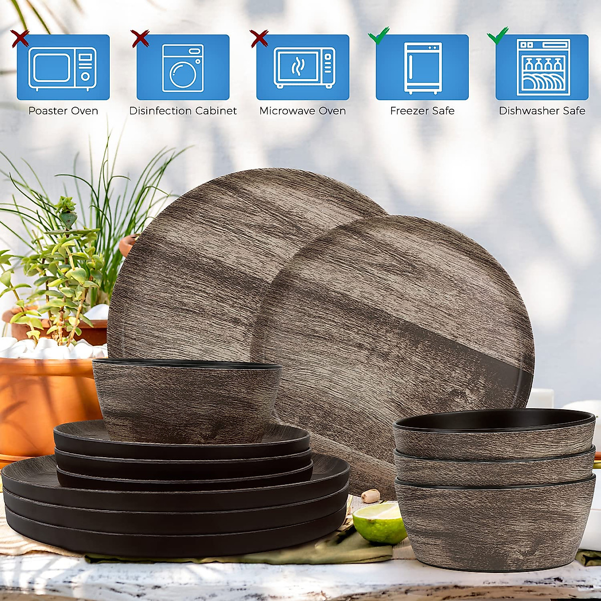 forlent 12 Piece Melamine Dinnerware Sets for 4 - Plastic Wood Grain Plates and Bowls Sets Best for Indoor Outdoor Grill Holiday Party Camping BPA-Free Dishwasher Safe