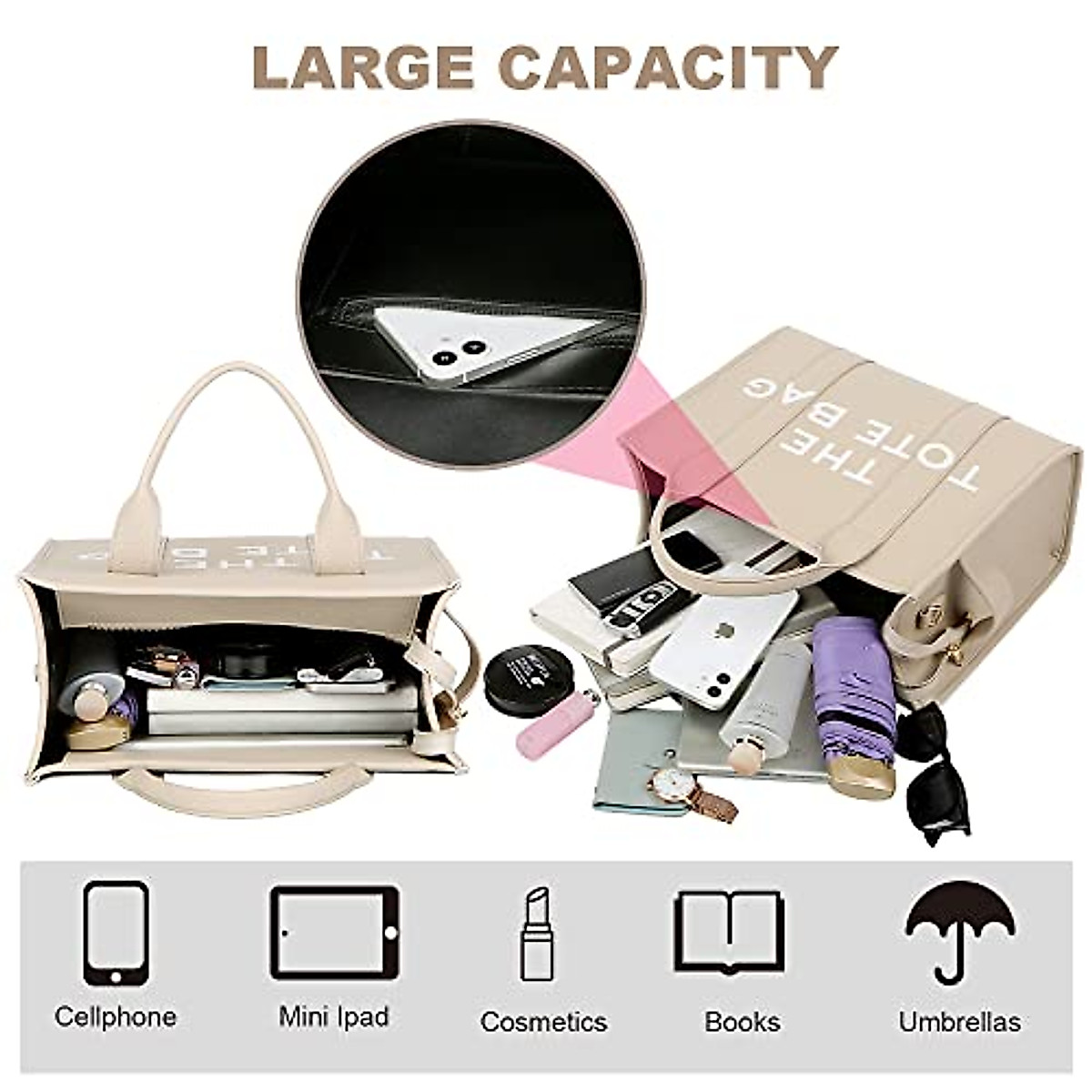 JBB Women Tote Bags PU Leather Cute Crossbody Travel School Office Beach Shoulder Handbags Hobo Satchel with Zipper Black