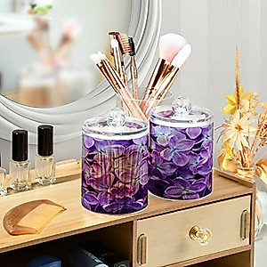 Kigai 2PCS Spring Lilac Purple Floral Qtip Holder Dispenser with Lids - 14 oz Bathroom Storage Organizer Set, Clear Apothecary Jars Food Storage Containers, for Tea, Coffee, Cotton Ball, Floss