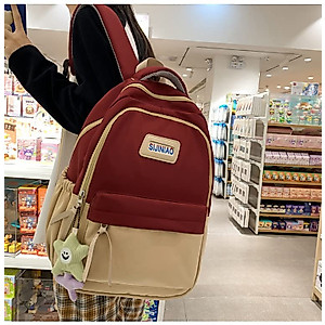 MININAI Preppy Backpack with Plushies Korean Patchwork Laptop Backpack Kawaii Casual Daypack Aesthetic College Backpack (One Size,Red)