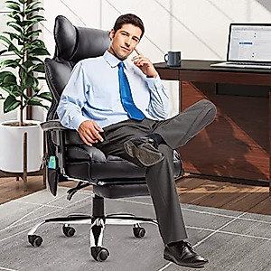 GURLLEU Executive Office Chair Office Desk Chair, Massage Reclining Office Chair with Foot Rest, Real High Back Office Chair with Lumbar Pillow Support PU Leather Computer Chair (Black)