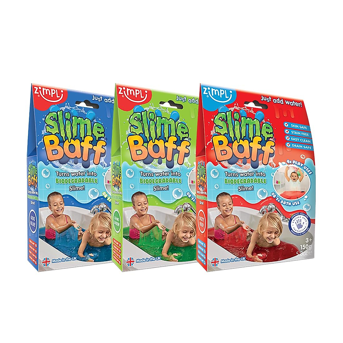 3 x Slime Baff Bundle from Zimpli Kids, Red, Green & Blue, Magically Turns Water into gooey, Colourful Slime, Slime Making Kit for Children, Birthday Present for Boys & Girls, Certified Biodegradable