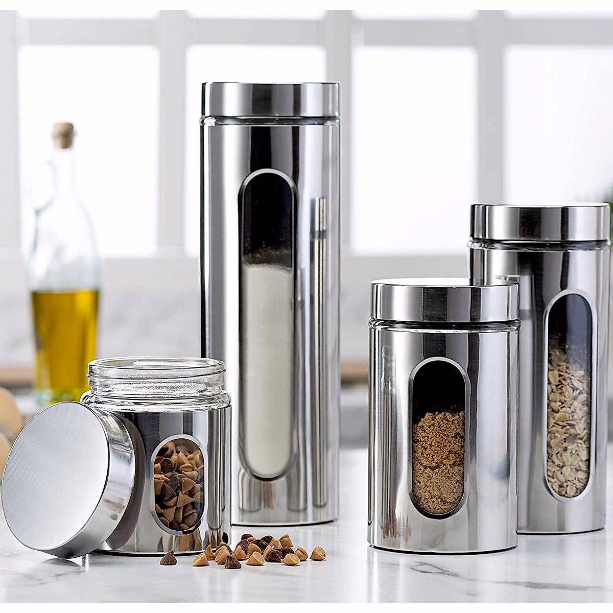 Quality 4pc Stainless Steel Canister Set for Kitchen Counter with Glass Window & Airtight Lids, Food Storage Containers, Pantry Storage & Organization Set for Coffee, Flour, Pasta, Rice, Spices, Herbs