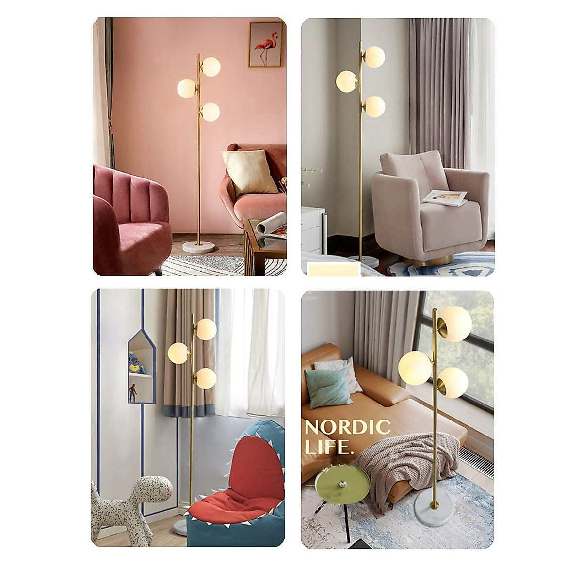 Dellemade LED Floor Lamp,3 Glass Globes Floor Light,LED Bulbs Included,Golden