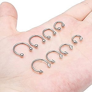 Ovxznts 16G Surgical Steel Nose Septum Horseshoe Hoop Earring Eyebrow Tragus Helix Lip Rings Piercing Jewelry Ball Spike Silver-tone