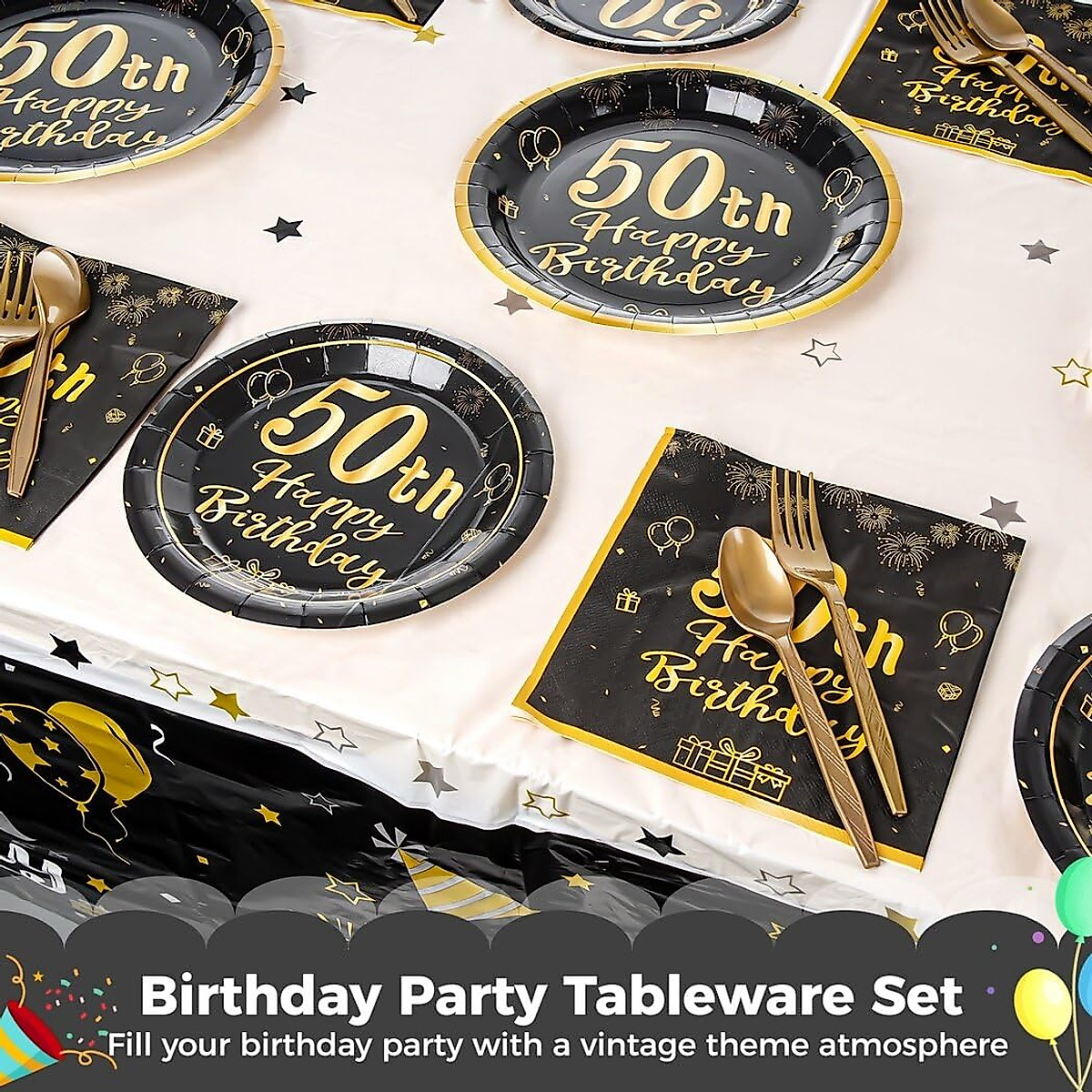 YHomU 121Pcs 50th Birthday Party Supplies in 1973 Birthday Party Decoration Cheers to 50th Paper Plate Napkin Fork Tablecloth, 50th Birthday Decoration for 24 Guests