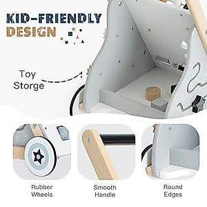 Wooden Baby Walker, Toddler Push and Pull Learning Activity Walker for Boys and Girls, Montessori Toys for 1+ Year Old, Kids Multi-Activity Learning Walker with Wheels