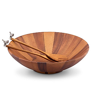 Vagabond House Acacia Wood Salad Bowl With Teak Salad Servers with Metal Song Bird Ends - Spring Servers and Bowl Set 16 inch Diameter x 5 inch Tall