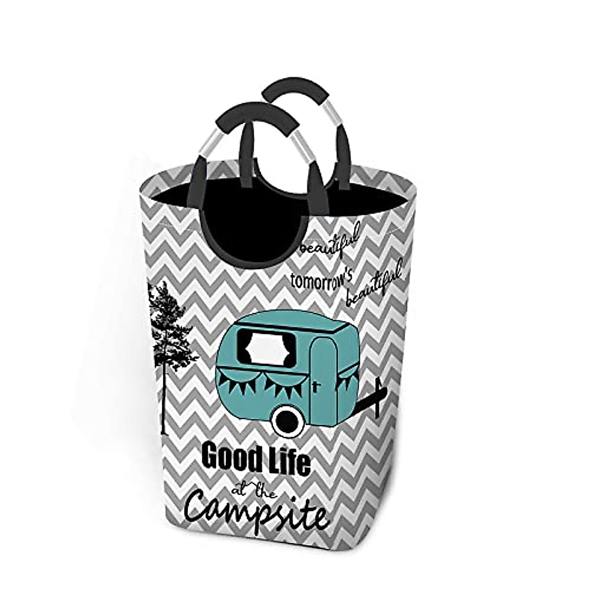Wondertify Camper RV Laundry Hamper Trailer Travel Tree Chevron Zig-Zag Stripes Camping Happy Camp Clothes Basket With Easy Carry Handles For Clothes Organizer Toys Storage
