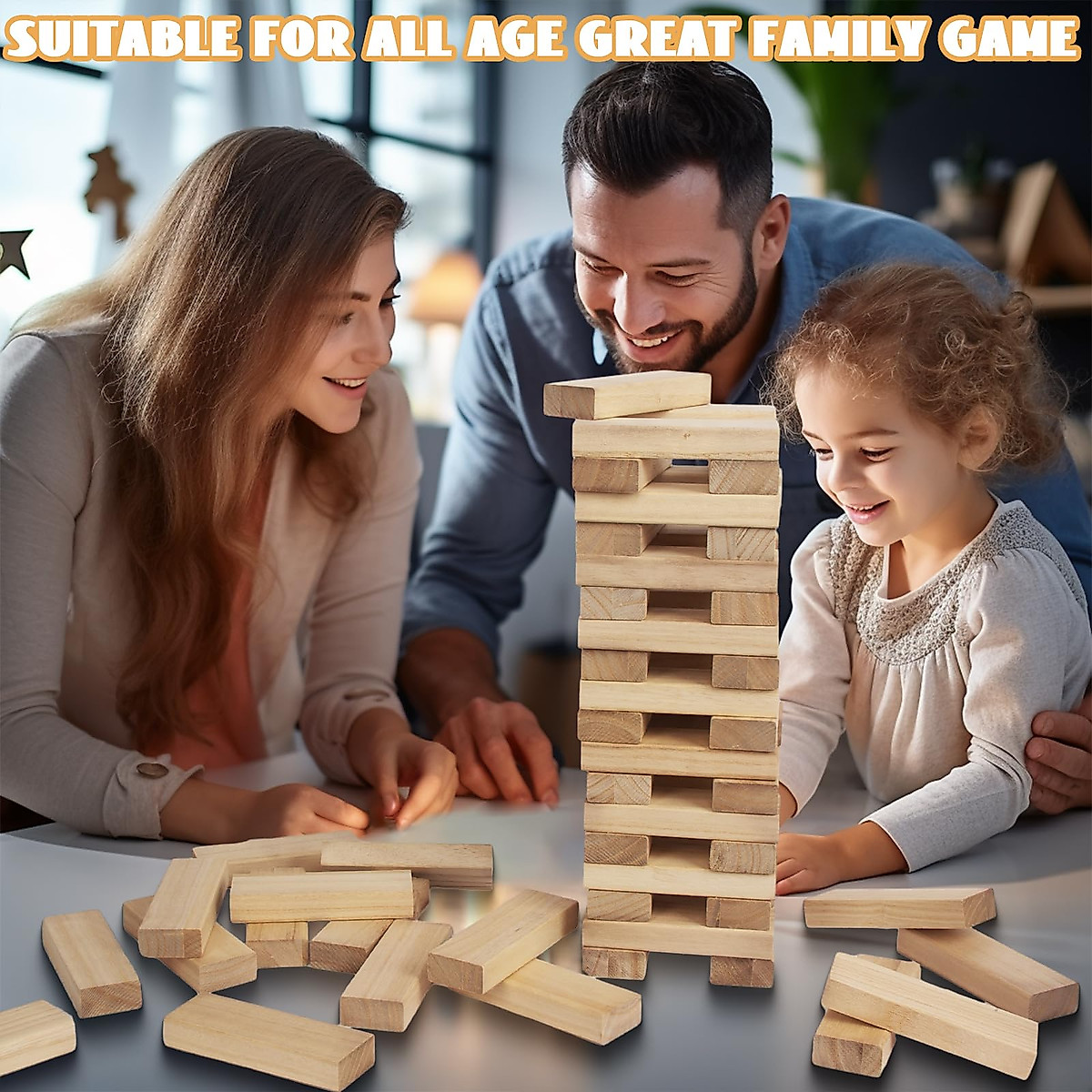 WOODENFUN Large Wooden Tumbling Tower Game, Stack to Over 18 in 57pcs Jumbo Yard Games Outdoor Timber Stacking Game Night Toy Gift for Kids Adults Family