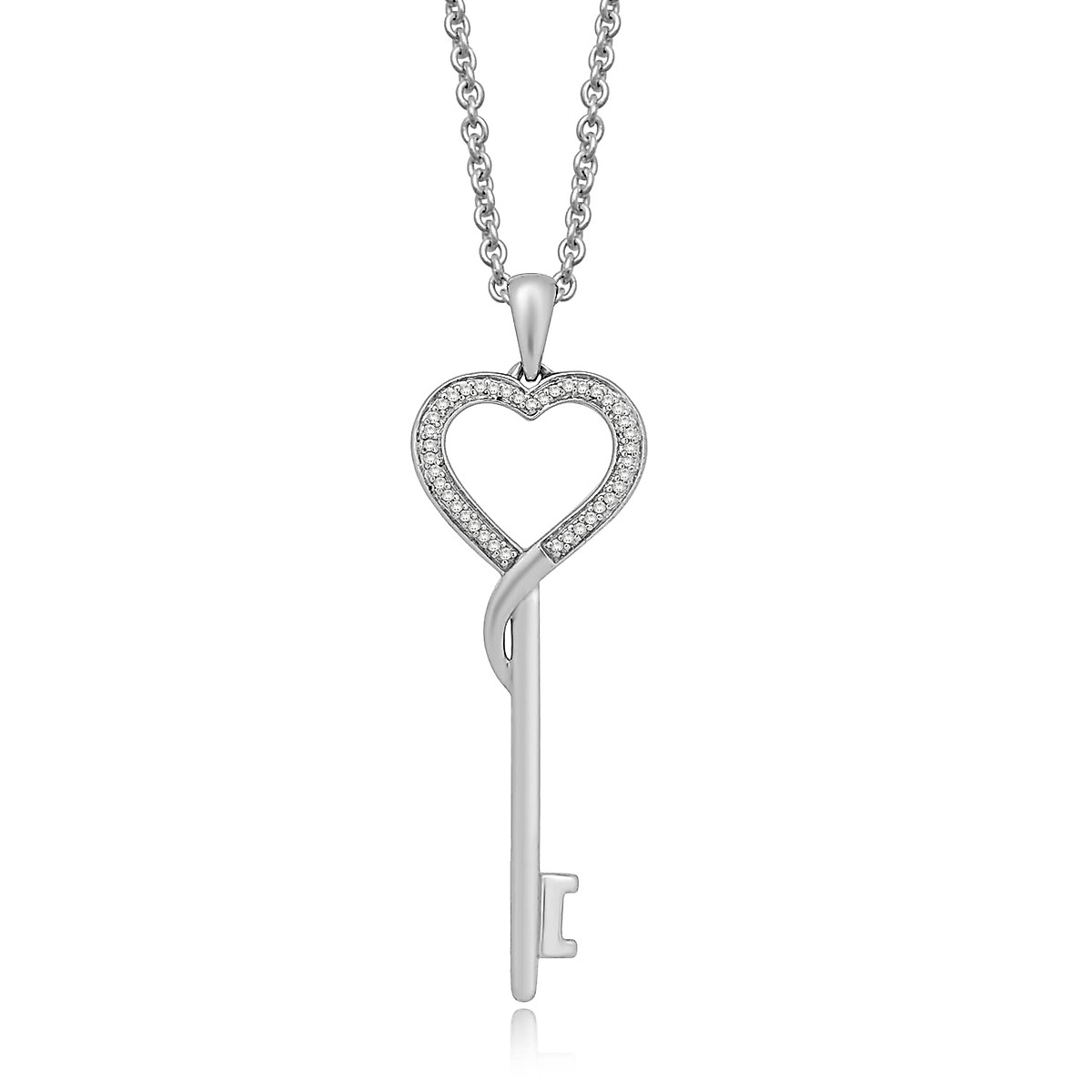 Jewelili Heart Key Necklace Pendant in Sterling Silver with Natural White Diamonds 1/10 CTTW and 18 inch Rolo Chain