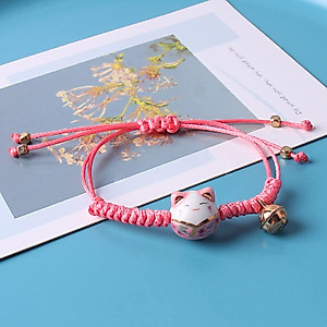 4 Pieces Cat Maneki Neko Bracelet Cute Lucky Cat Ceramic Beads Bracelets Feng Shui Lucky Bracelet Japanese Fortune String Bracelet with Bell, Adjustable