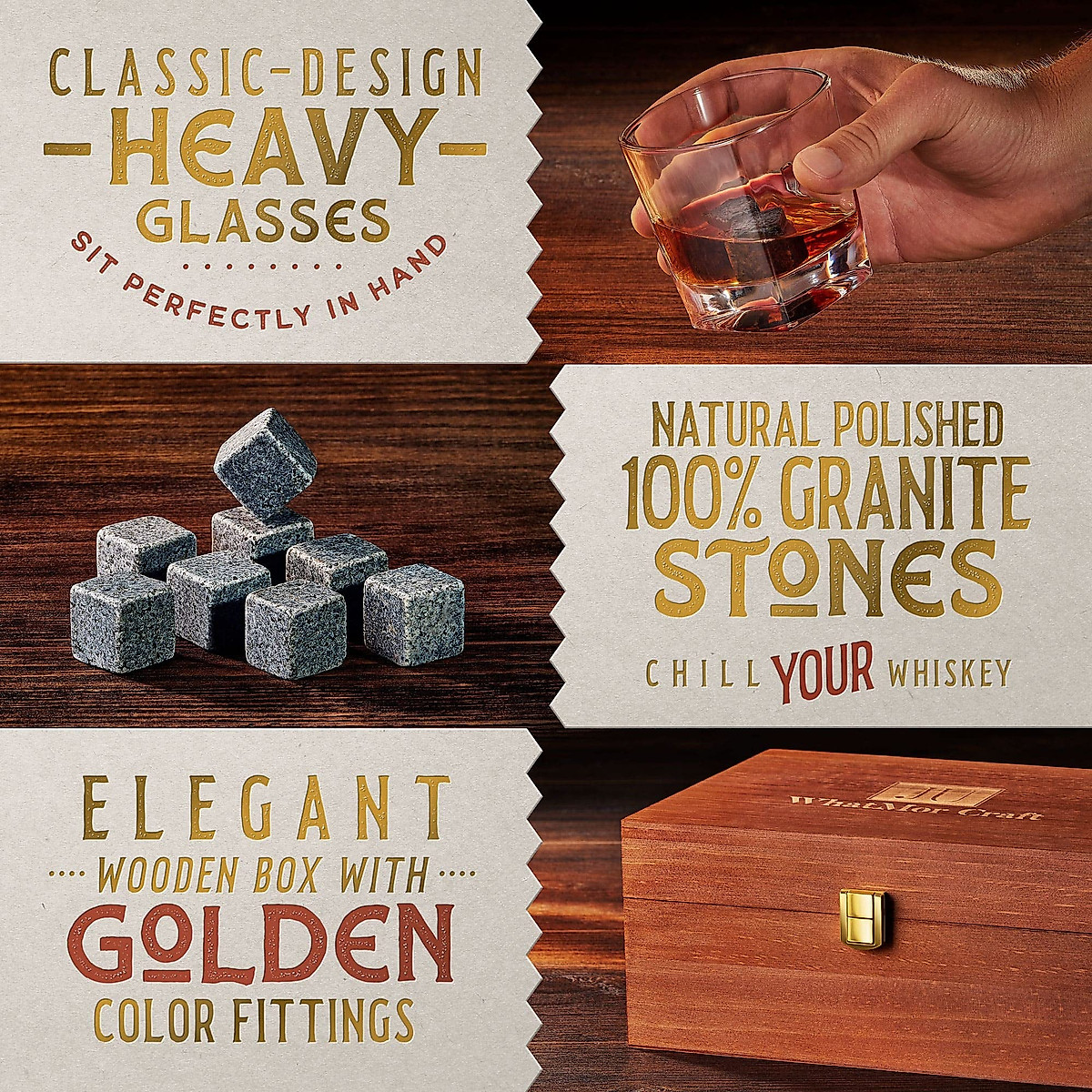 Whiskey Glass Set with Whiskey Stones in Wood Gift Box, Set of 2 Classic-Shape Whiskey Glasses,8 Chilling Stones, Pouch, 2 Coasters & Tongs—Whiskey Gifts for Men, Birthday Gifts, Alcohol Gift Sets