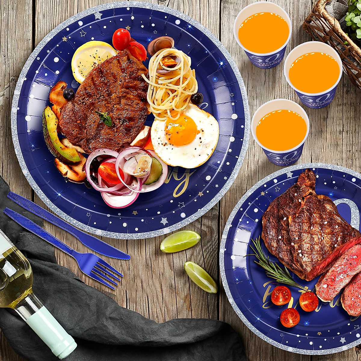 50th Birthday Party Supplies Disposable Paper Plates Napkins Cups Knives Spoons Forks for Men women Navy Blue 50 Birthday Party Decorations, Total 168pcs,Serve 24