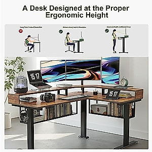 BANTI Triple Motor 63'' L-Shaped Standing Desk with LED Light Strip and Power Outlet, Height Adjustable Standing Corner Desk with Double Shelves, Rustic Top