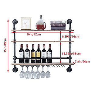 36"Wall Mounted Wine Rack with Shelf &Bottle Glass Holder,Hanging Industrial Pipe Shelves Floating Bar Shelves Rustic Wood Wine Shelf Wall Shelf Storage Unit Shelving Farmhouse Wine Glass Rack