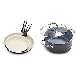 GreenPan Rio Healthy Ceramic Nonstick 8" and 10" Frying Pan Skillet Set, PFAS-Free, Dishwasher Safe & Lima Hard Anodized Healthy Ceramic Nonstick 5QT Stock Pot with Lid, PFAS-Free, Oven Safe, Gray