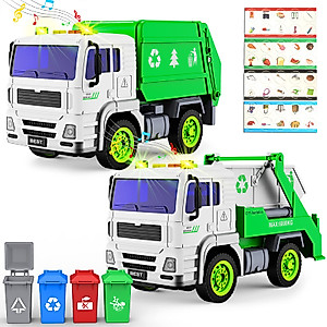 Gizmovine Garbage Truck Toys, 2 Pack Trash Truck Toys with Light and Sound, Friction-Powered Back Dump Garbage Recycling Truck Toy Set with 4 Trash Cans, Gift for 3+ Years Old Kids Boys Girls