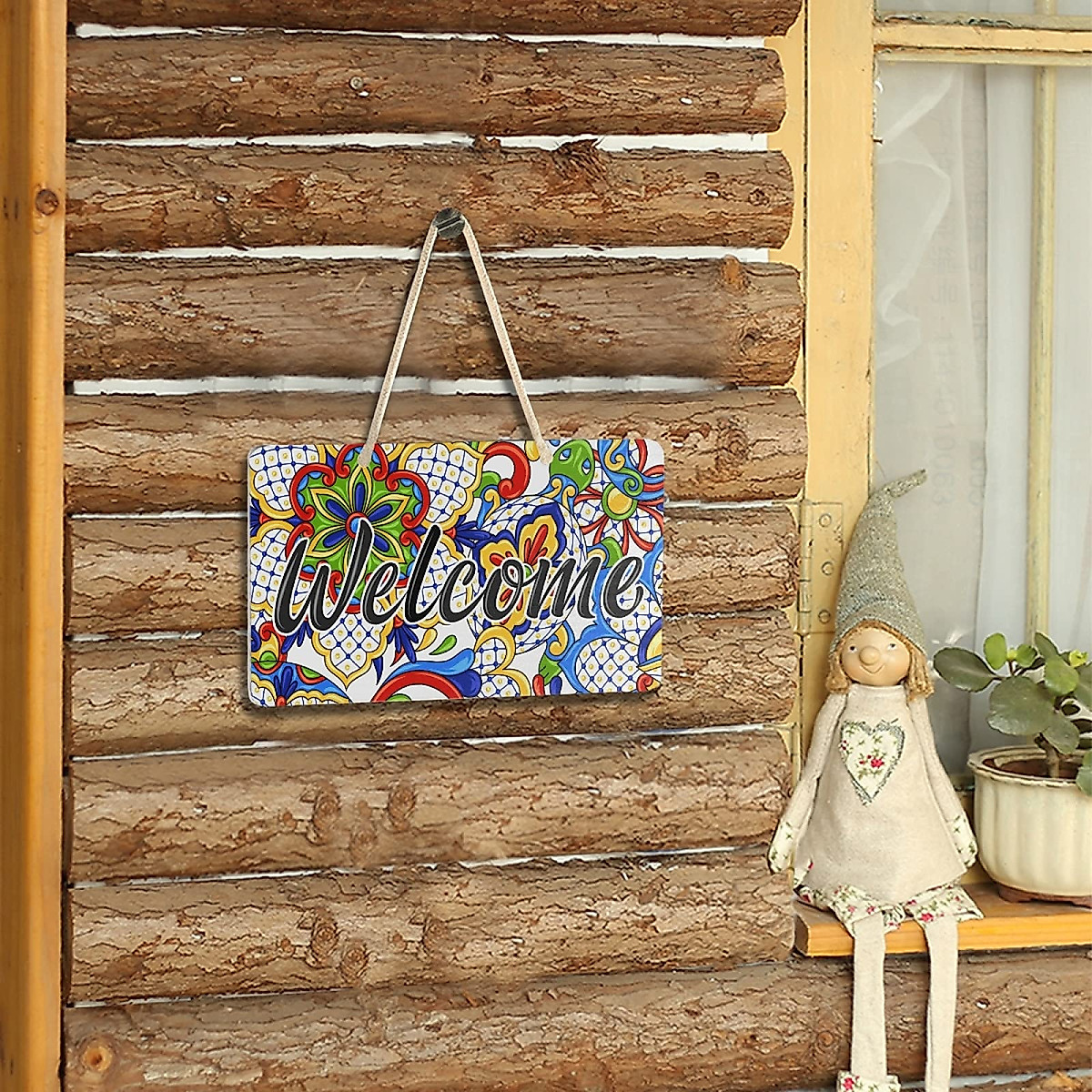 xigua Hanging Plaque Welcome Sign with String, Gate Wall Sign for Front Door Porch Garden Farmhouse Home Bar Cafe Doors Decor, Mexican Talavera Ceramic