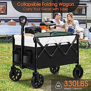 Collapsible Folding Wagon,Large Utility Wagon Cart Foldable,Folding Wagon Cart with All Terrain Wheels,Heavy Duty Garden Cart,Portable Wagon for Shopping Grocery Camping Sports Fishing (Black/White)