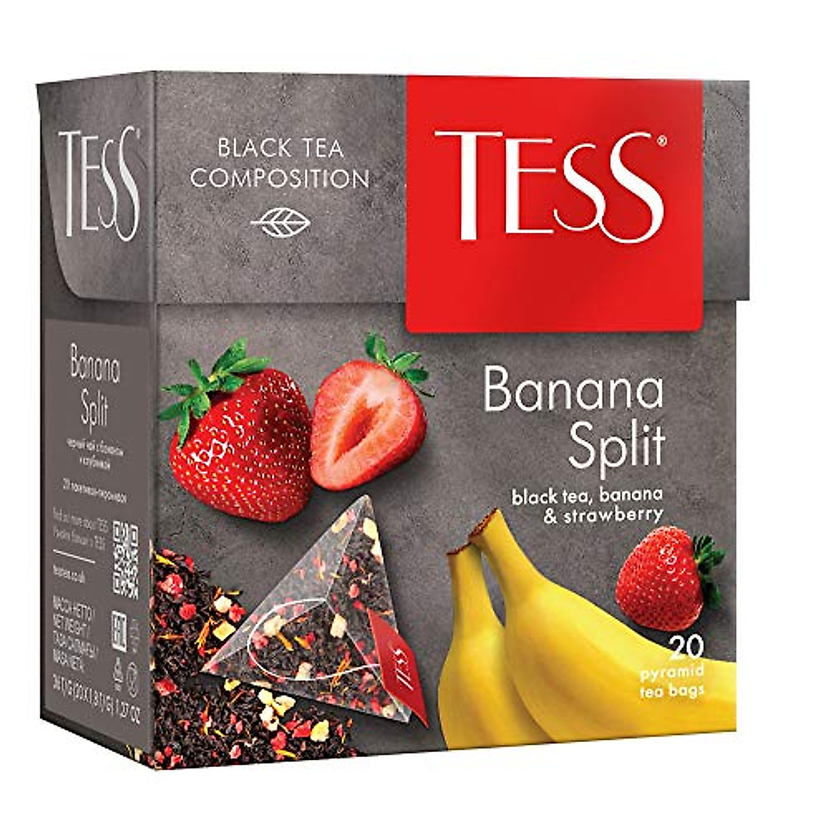 Tess Banana Split Black Tea CompositionBlack Tea, Banana and Strawberry Leaf Tea in 20 Pyramid Sachets