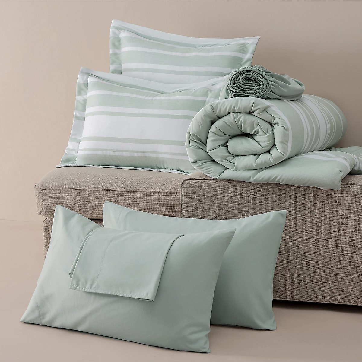 Bedsure Twin Comforter Set 5 Pieces, Sage Green Striped Bedding Set for Twin Size Bed Reversible, Cationic Dyeing Bed in a Bag with Comforter, Sheets, Pillowcase & Sham